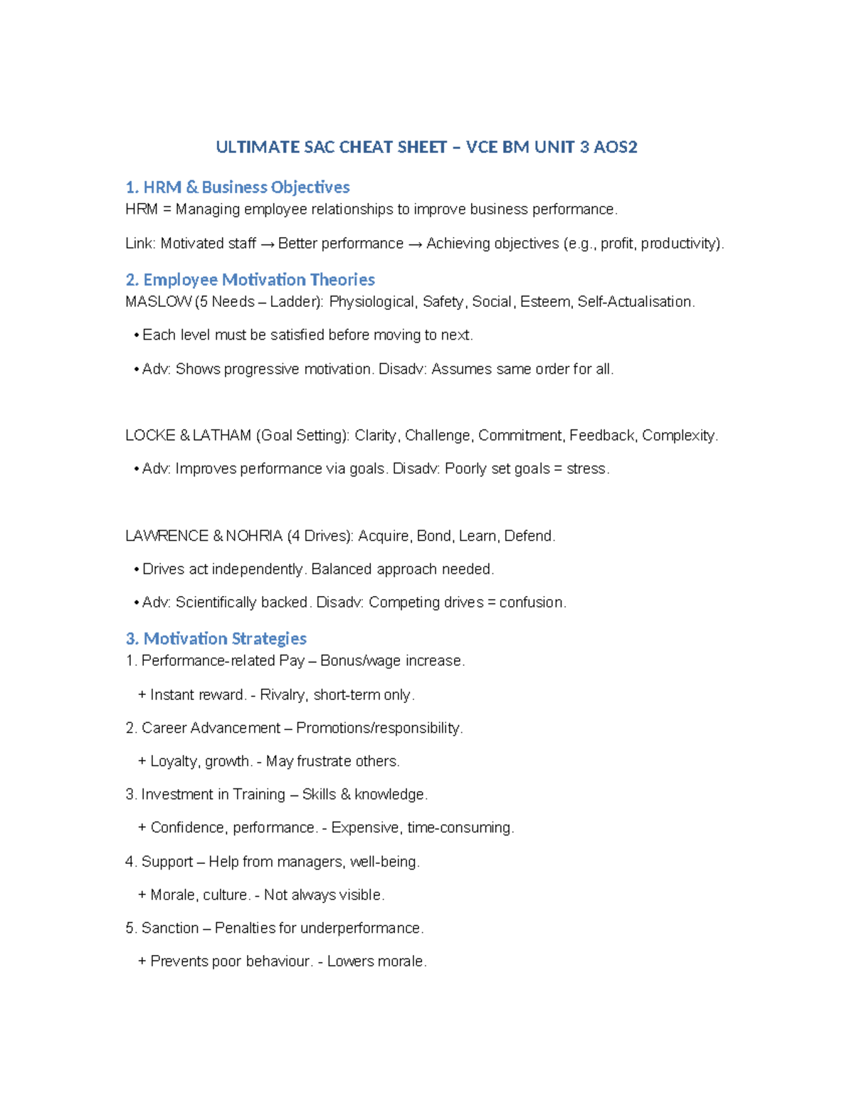 Ultimate Cheat Sheet for VCE BM Unit 3 AOS2: HRM & Motivation ...