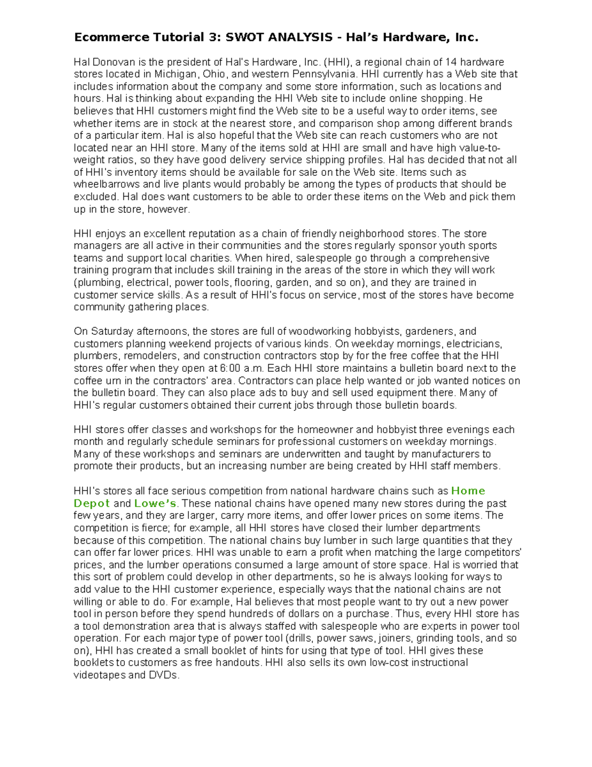 Ecommerce Tutorial 3: SWOT Analysis of Hardware, Inc. - Studocu