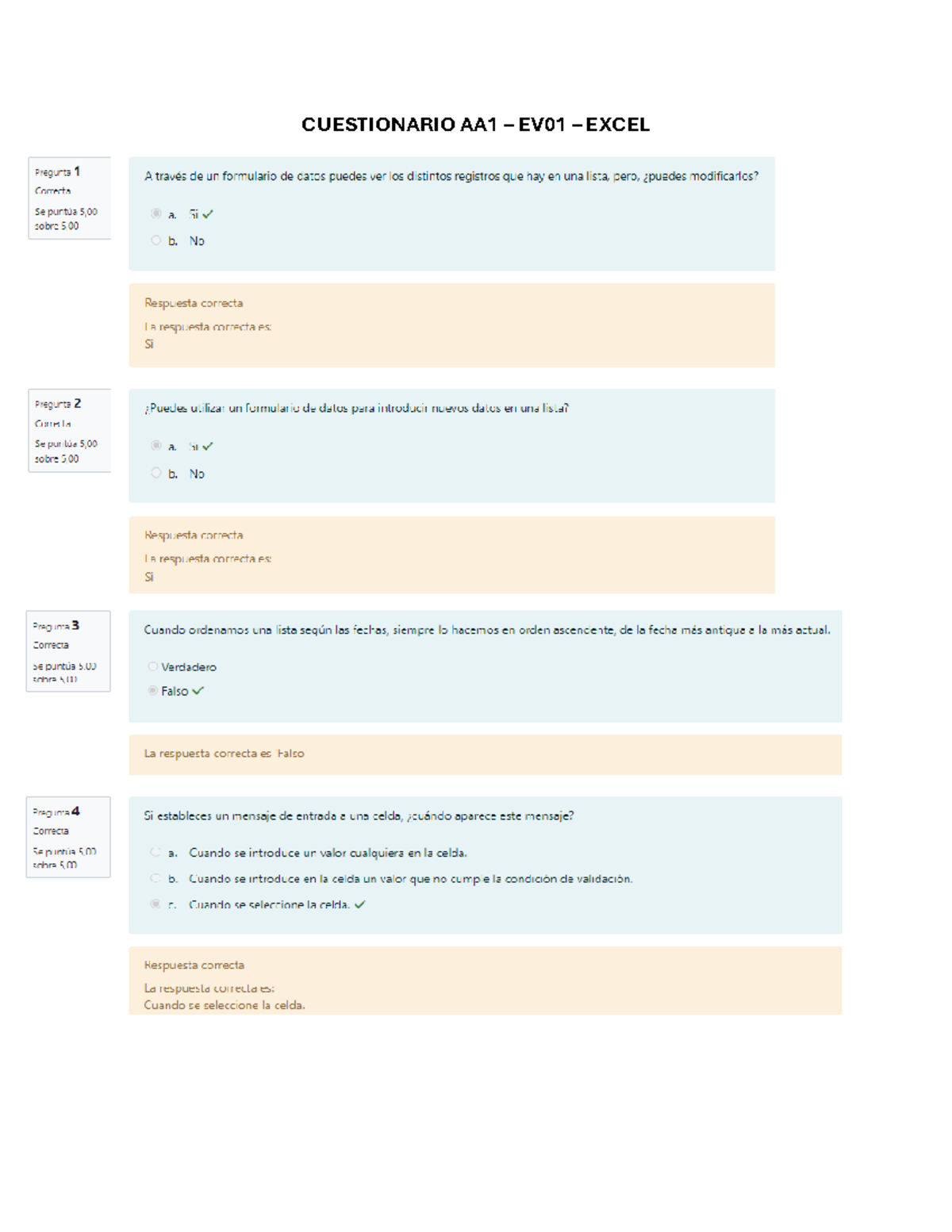 Cuestionario AA1 - EV01 sobre Excel: Preguntas y Respuestas - Studocu