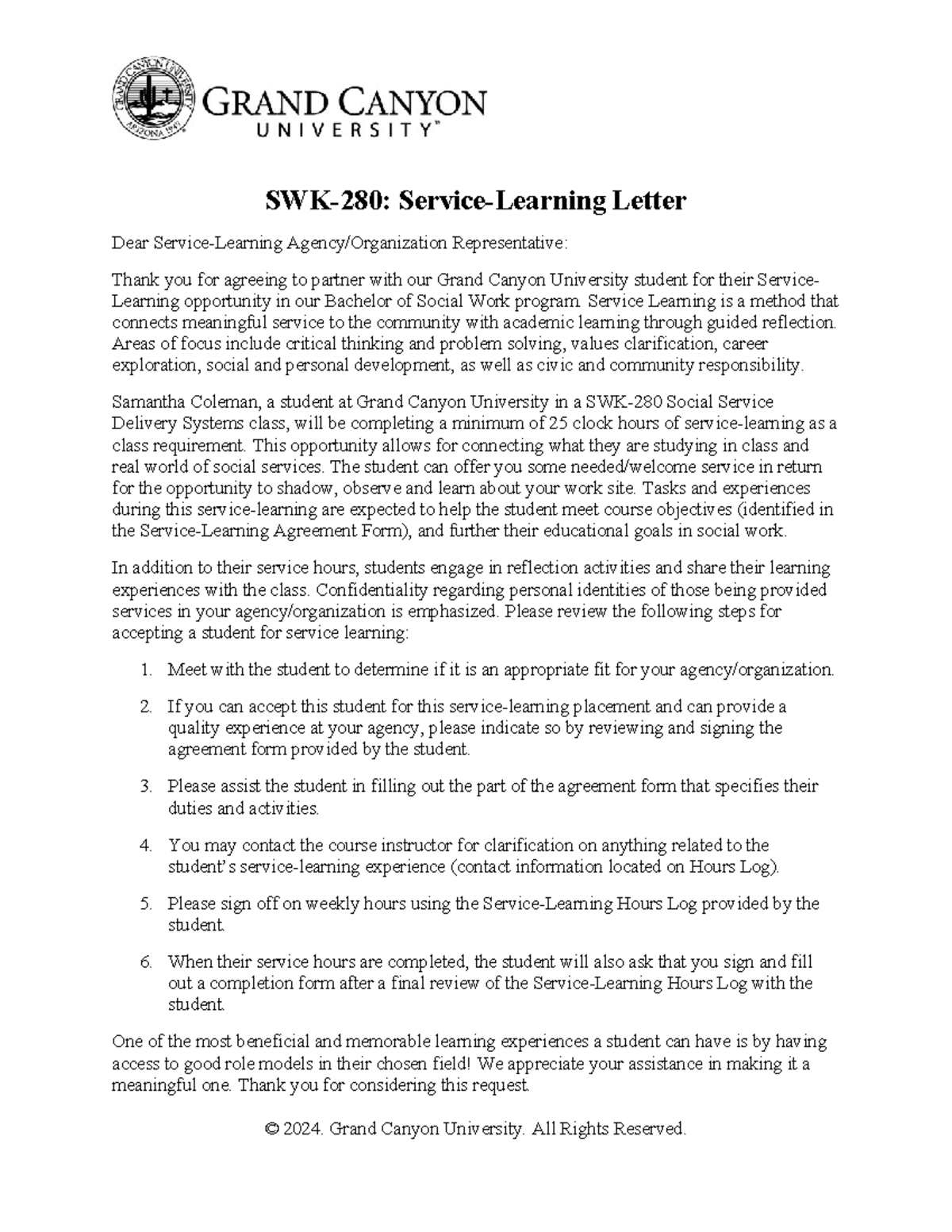 SWK-280: Service-Learning Partnership Letter for GCU Students - Studocu
