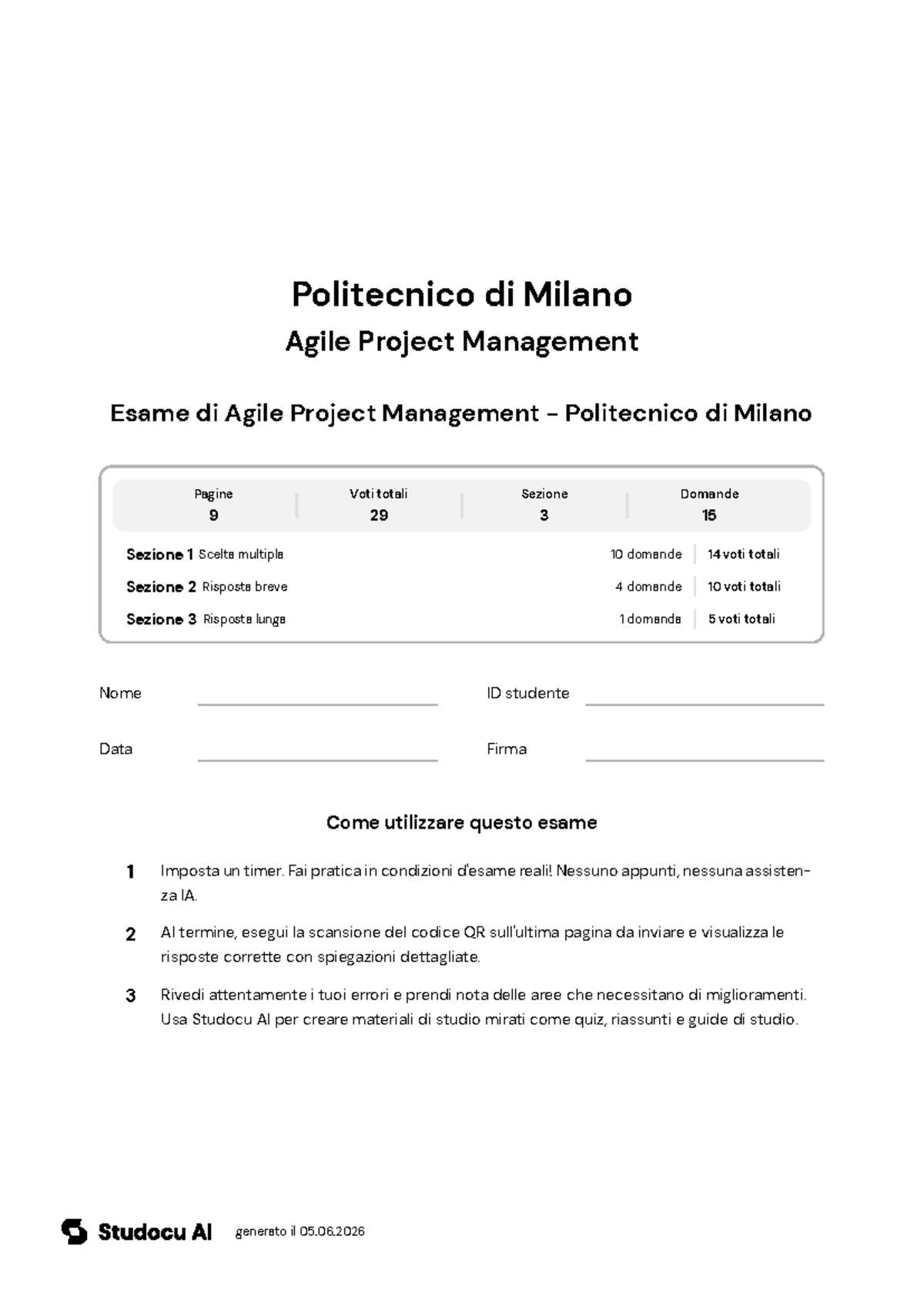 Esame Finale di Agile Project Management - Politecnico di Milano - Studocu