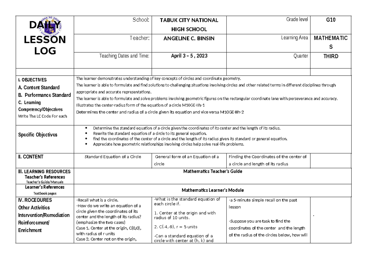 DLL G10 Math: Understanding the Equation of a Circle - Studocu