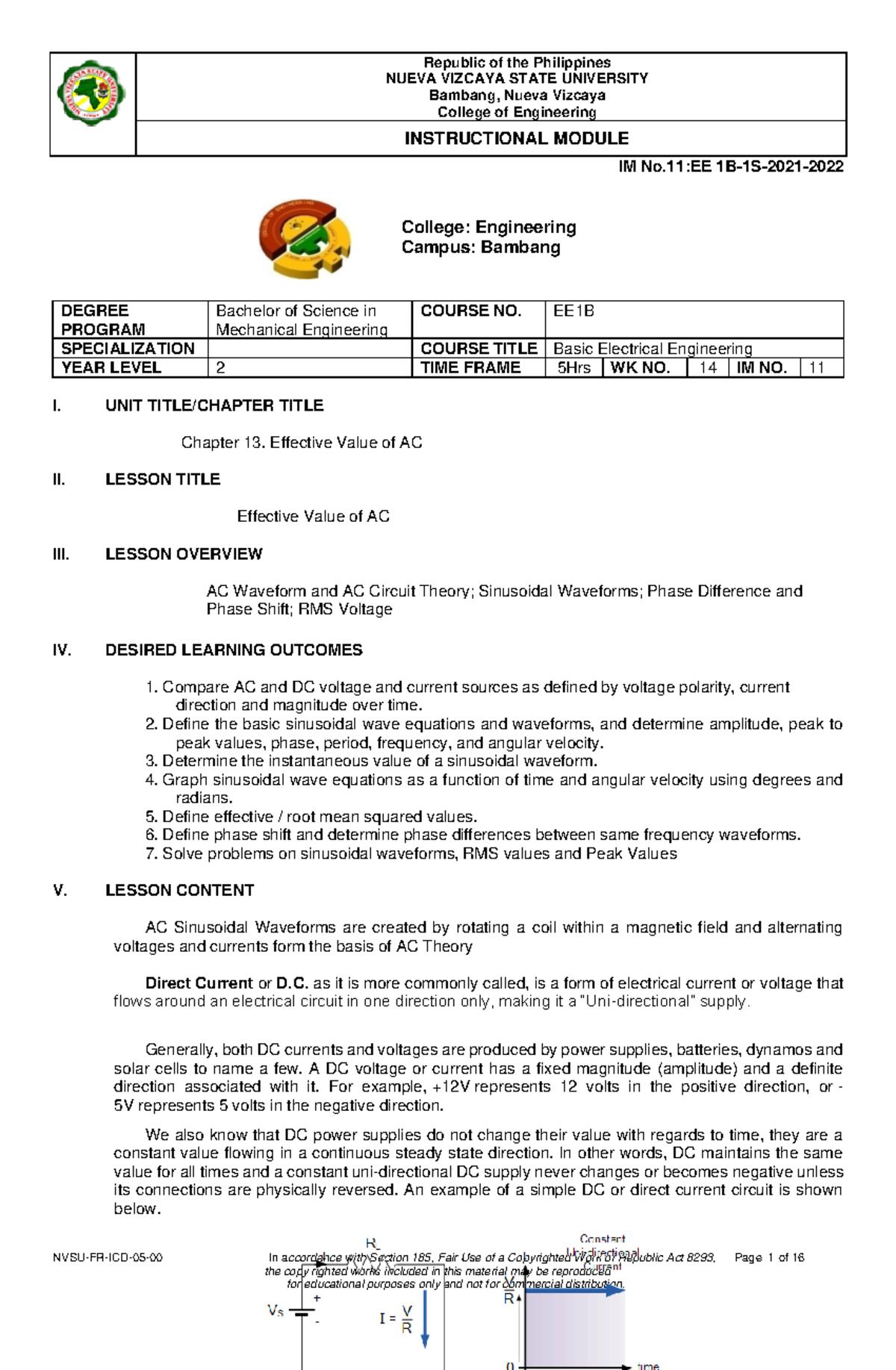 IM No. 11: EE - Effective Value of AC in Basic Electrical Engineering - Studocu