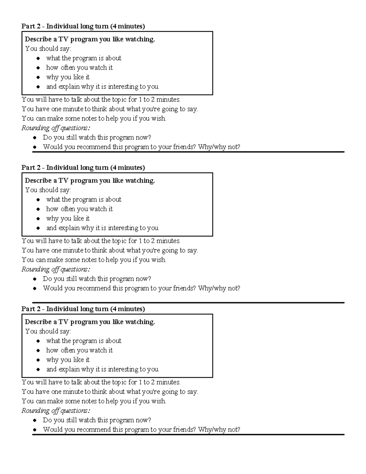 SP Part 2 IELTS: Discussing a Favorite TV Program - Studocu