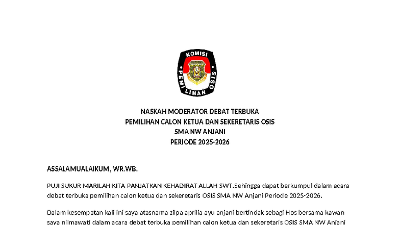 NASKAH MODERATOR DEBAT OSIS SMA NW ANJANI PERIODE 2023 - Studocu