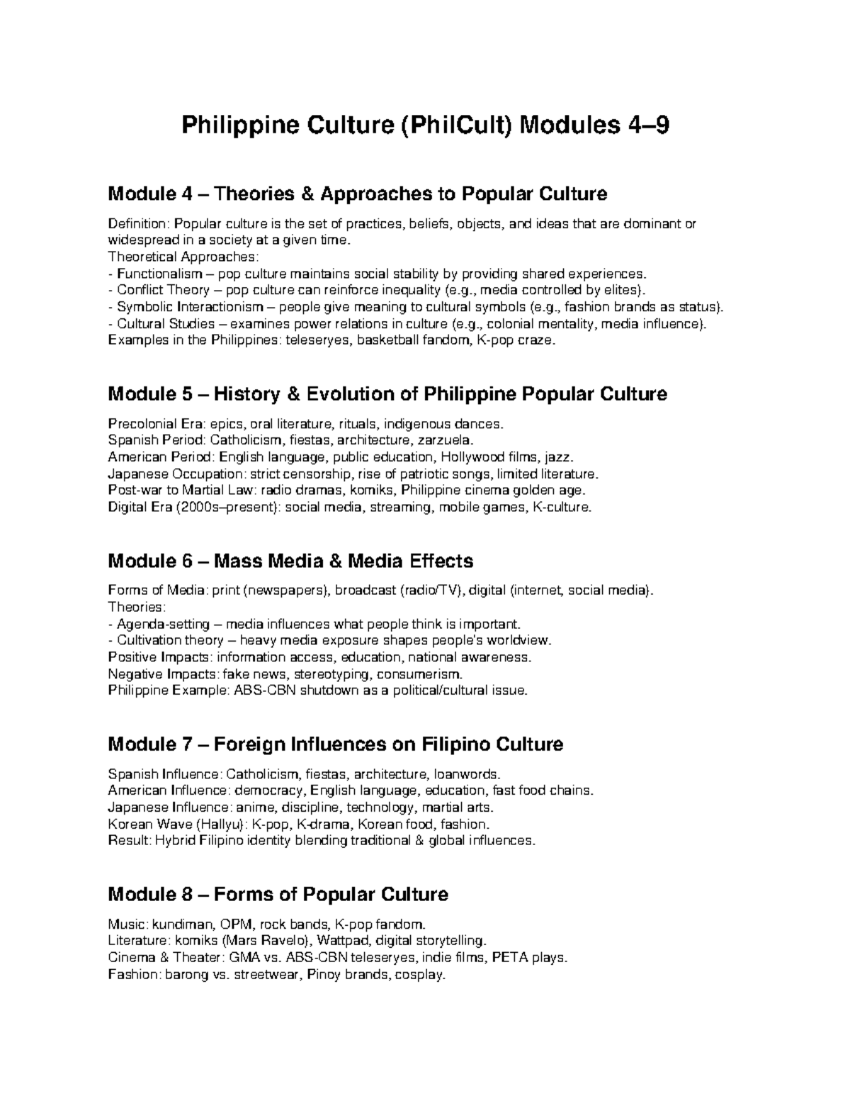 PhilCult Modules 4-9: Theories & Evolution of Popular Culture - Studocu