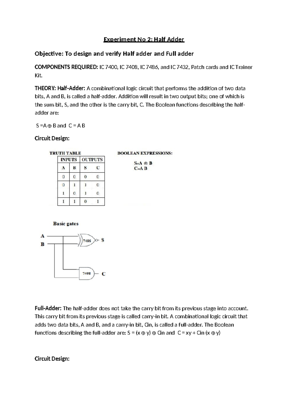 Experiment No 2: Verification of Half-Full Adder Design - Studocu