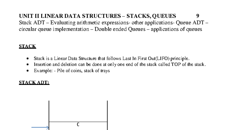 DS 101: Unit II - Linear Data Structures: Stacks & Queues - Studocu