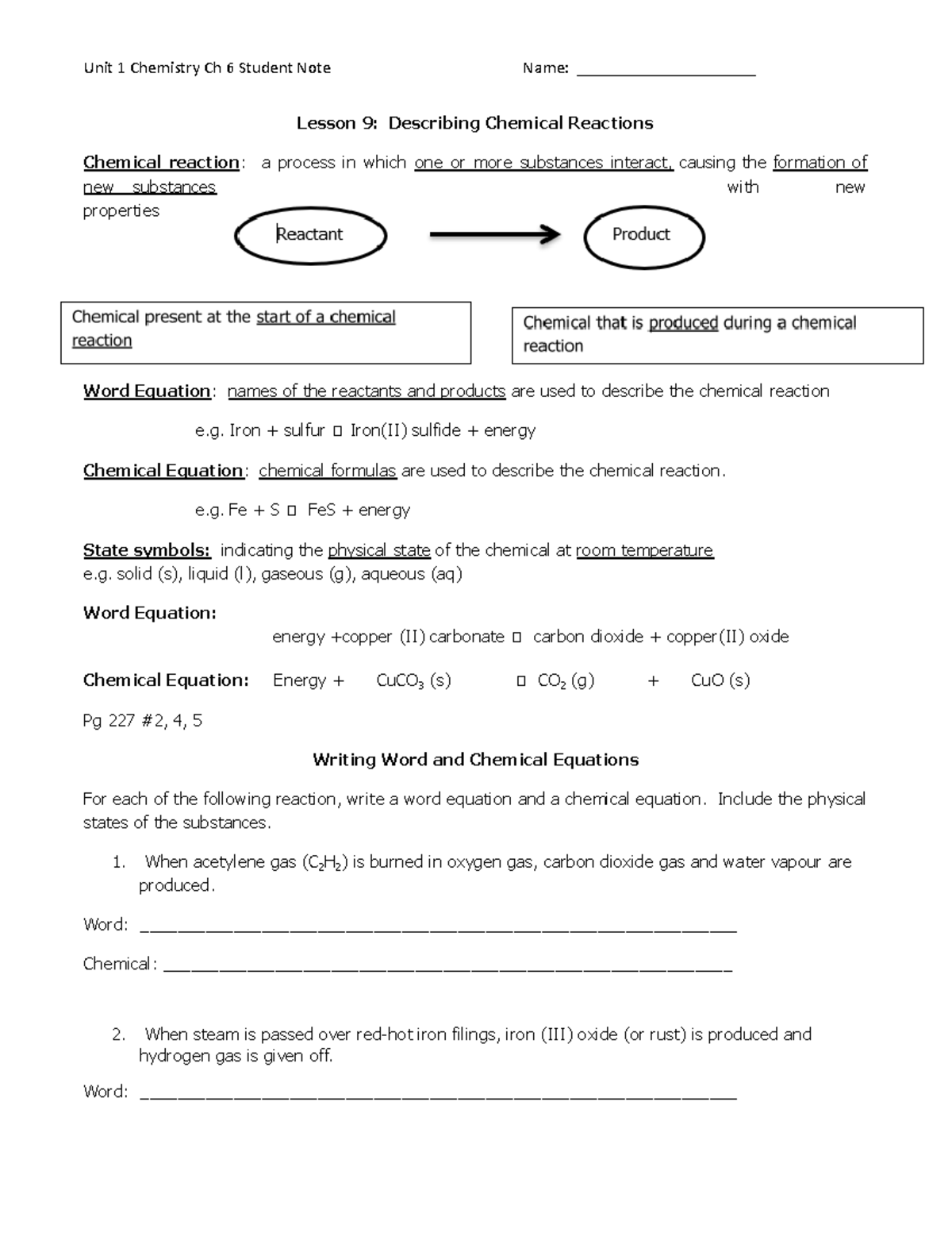 Unit 1 Chemistry Ch 6 Notes: Types of Chemical Reactions and Balancing ...