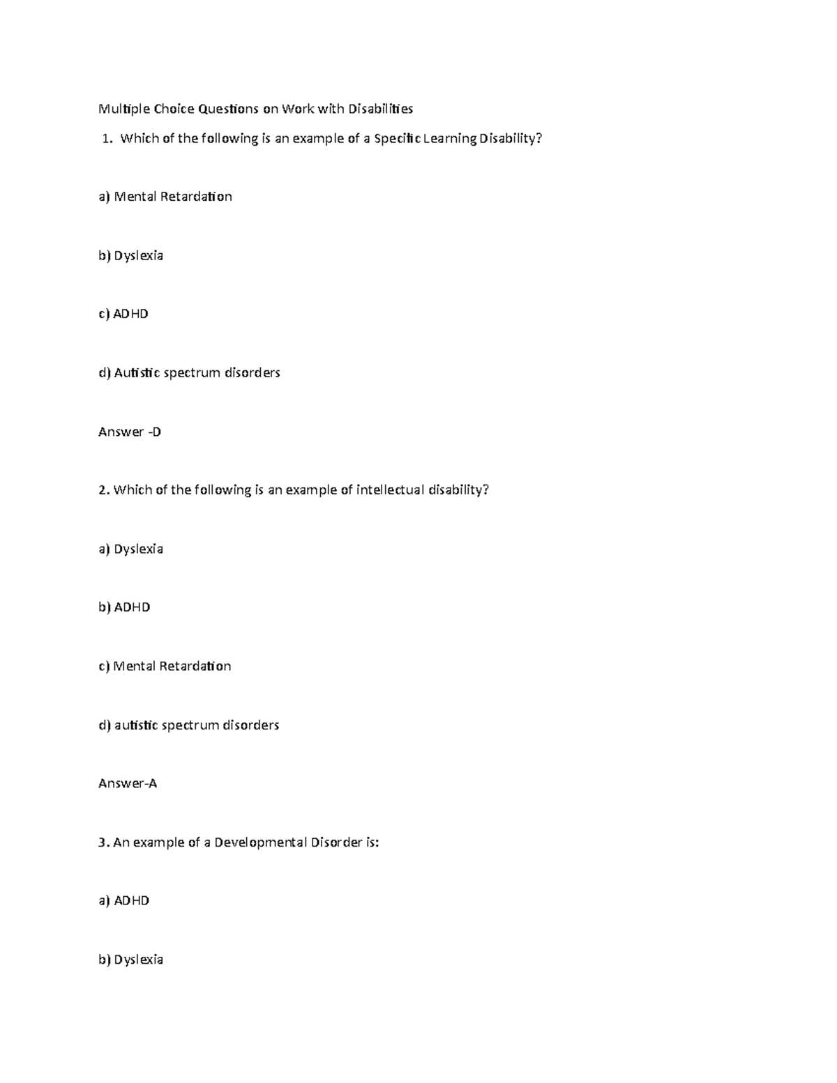 Multiple Choice Questions on Disabilities - Revision Notes - Studocu