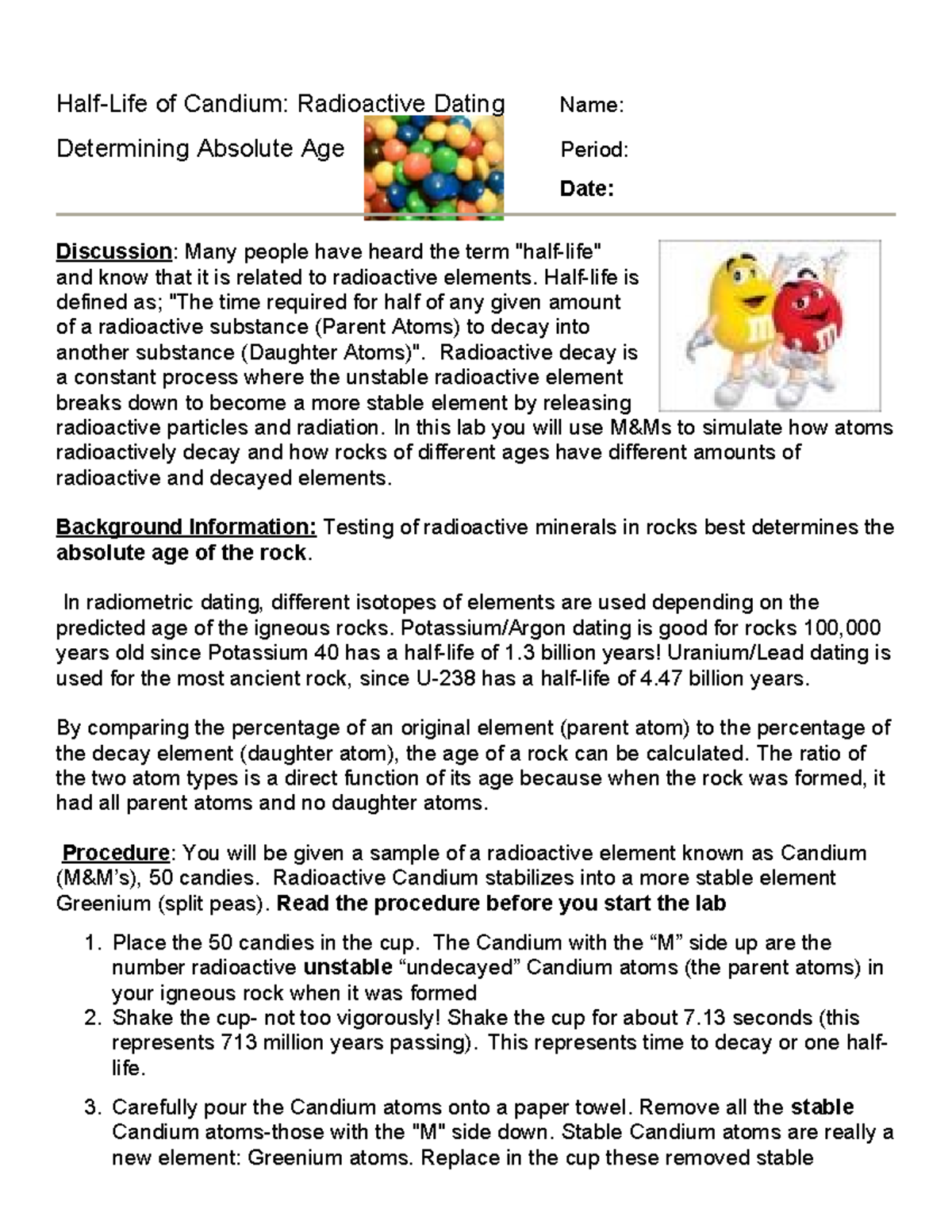 Half-life M and M lab - lab - Half-Life of Candium: Radioactive Dating ...