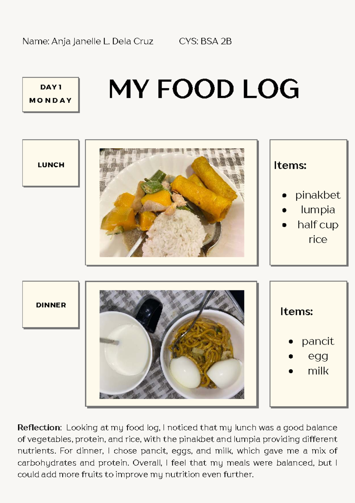Food and Activity Log: Nutrition & Daily Routine Reflection (CYS: BSA ...
