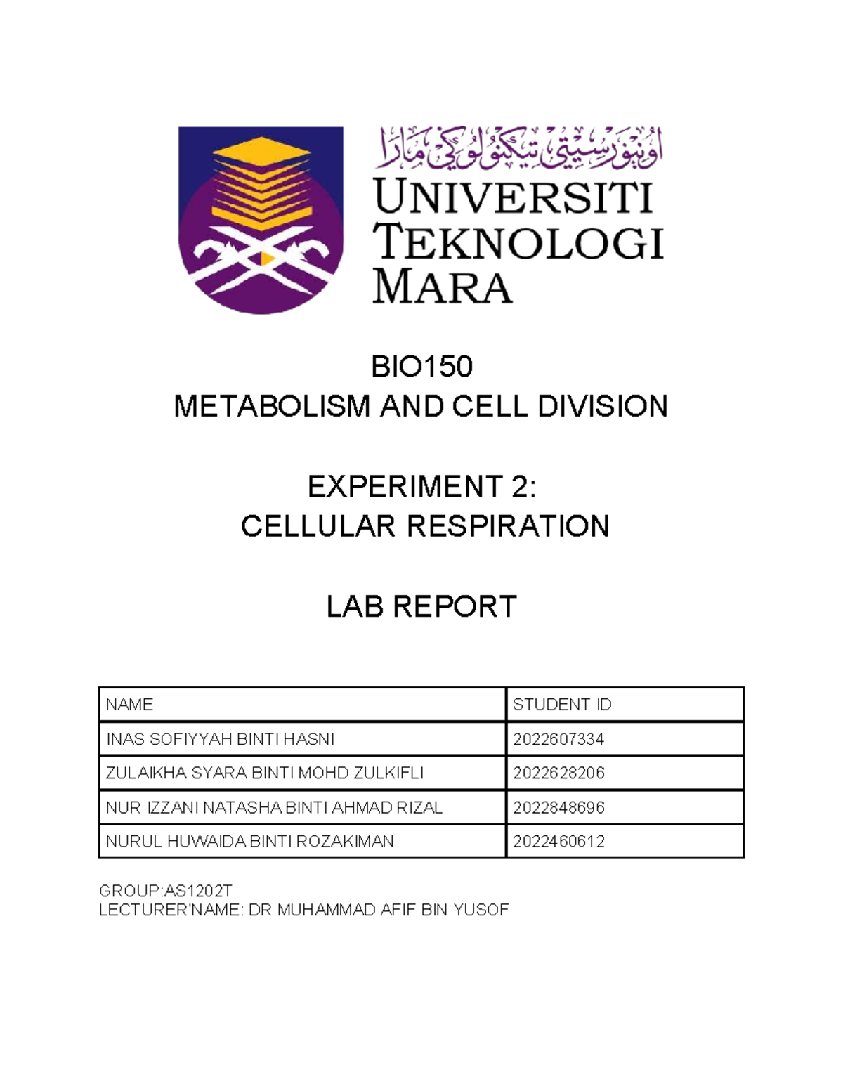 BIO150 Cellular Respiration Lab Report: Experiment 2 Analysis - Studocu
