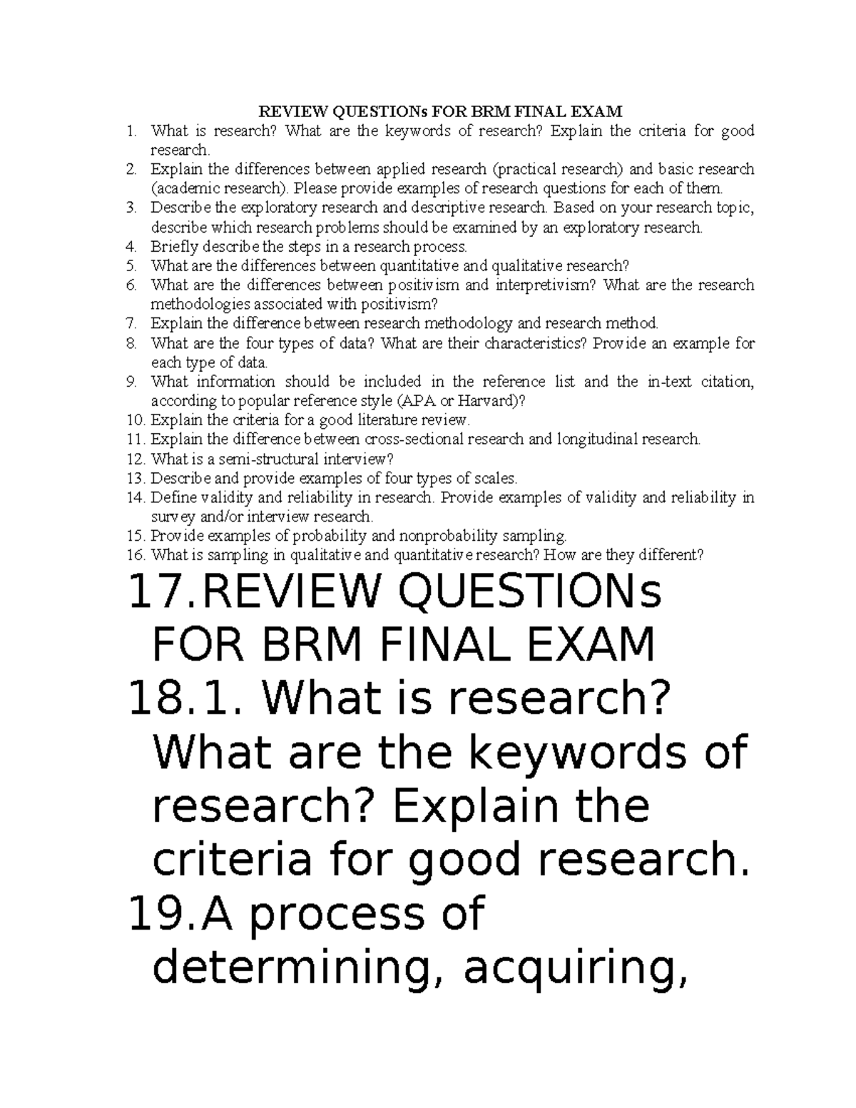 Review Questions for BRM Final Exam: Key Concepts and Methodologies ...