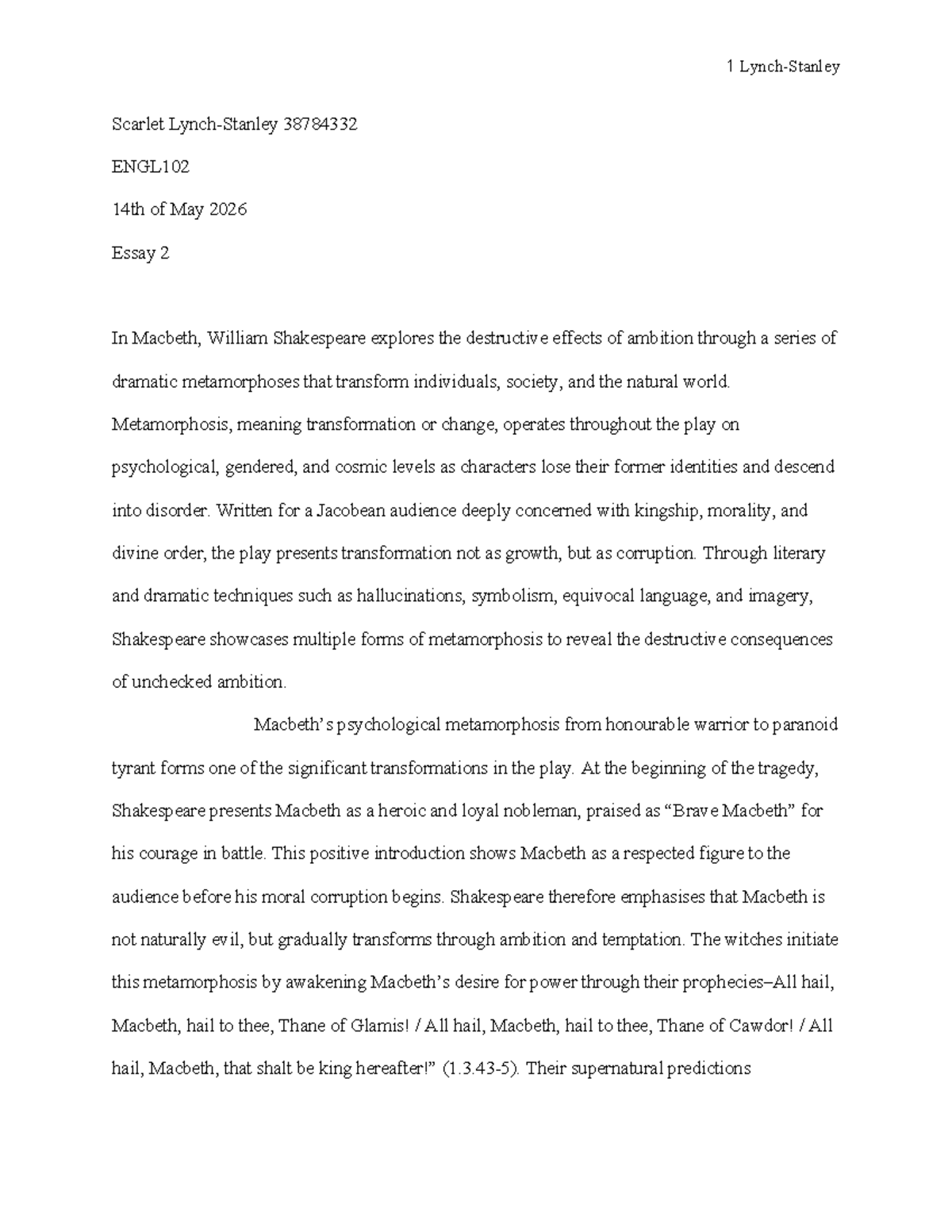 ENGL102 Essay: Metamorphosis and Ambition in Macbeth - Studocu
