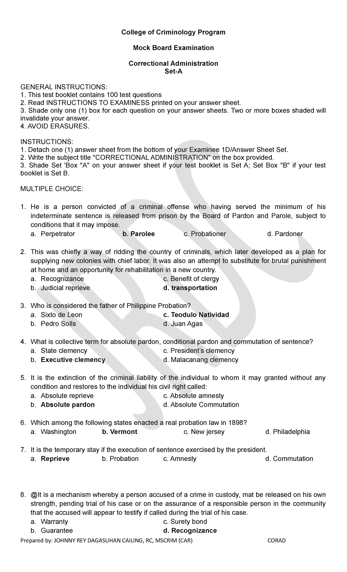 Corad - Mock Board Examination - College of Criminology Program Mock ...