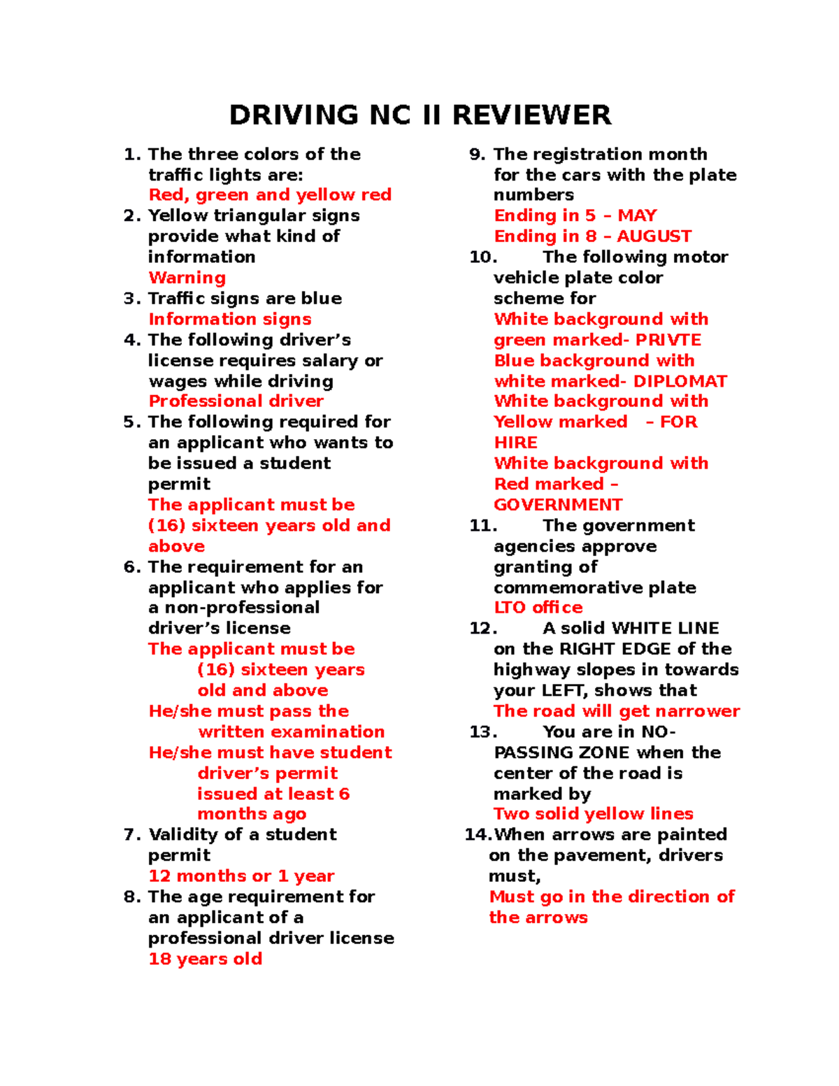 Driving NC II Final Exam Reviewer: Traffic Rules & Safety - Studocu