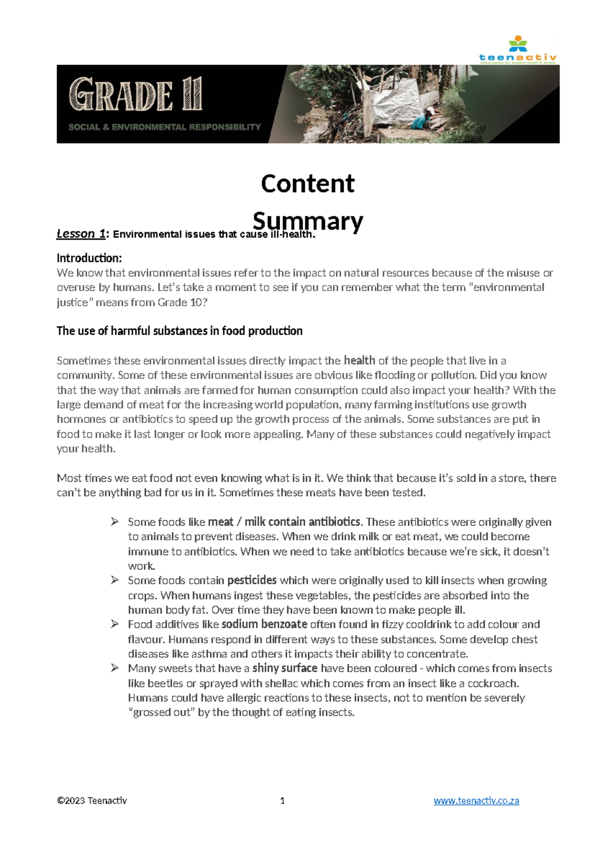 Grade 11 Lesson: Environmental Issues Impacting Health & Society - Studocu