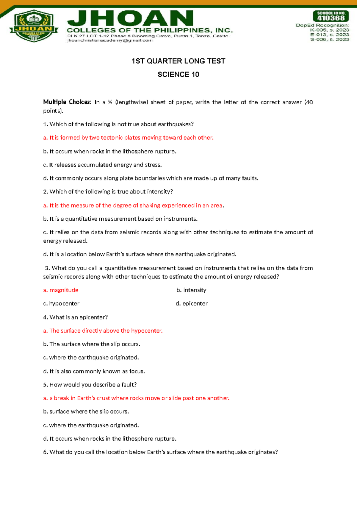 1ST QUARTER LONG TEST SCIENCE 10: Earthquake Concepts & Facts - Studocu