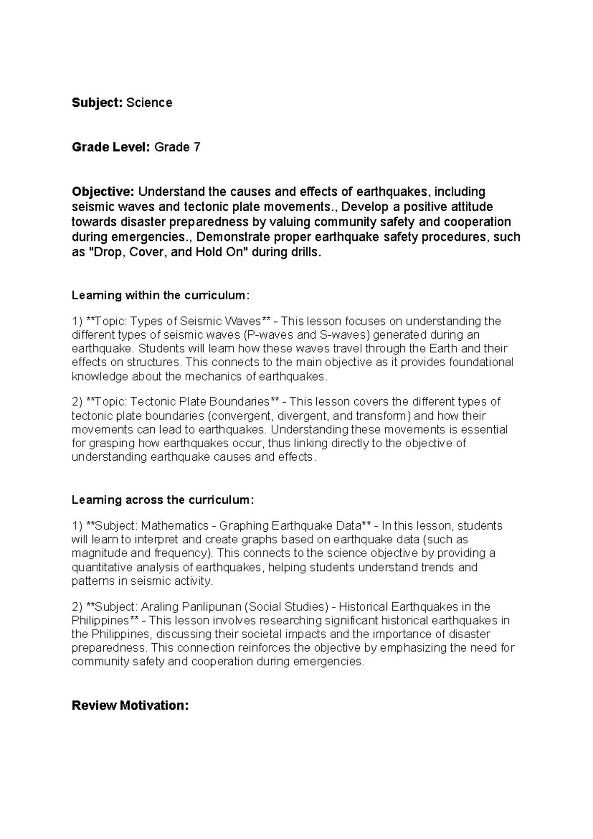 Grade 7 Earthquake Lesson Plan: Causes, Effects & Safety Procedures ...