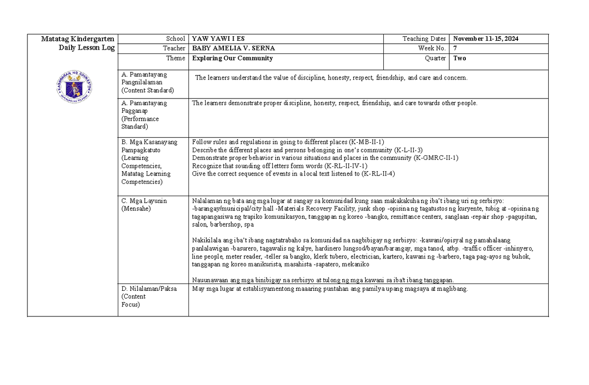 Plan Matatag Q2 W7 - activity sheet - Matatag Kindergarten Daily Lesson ...