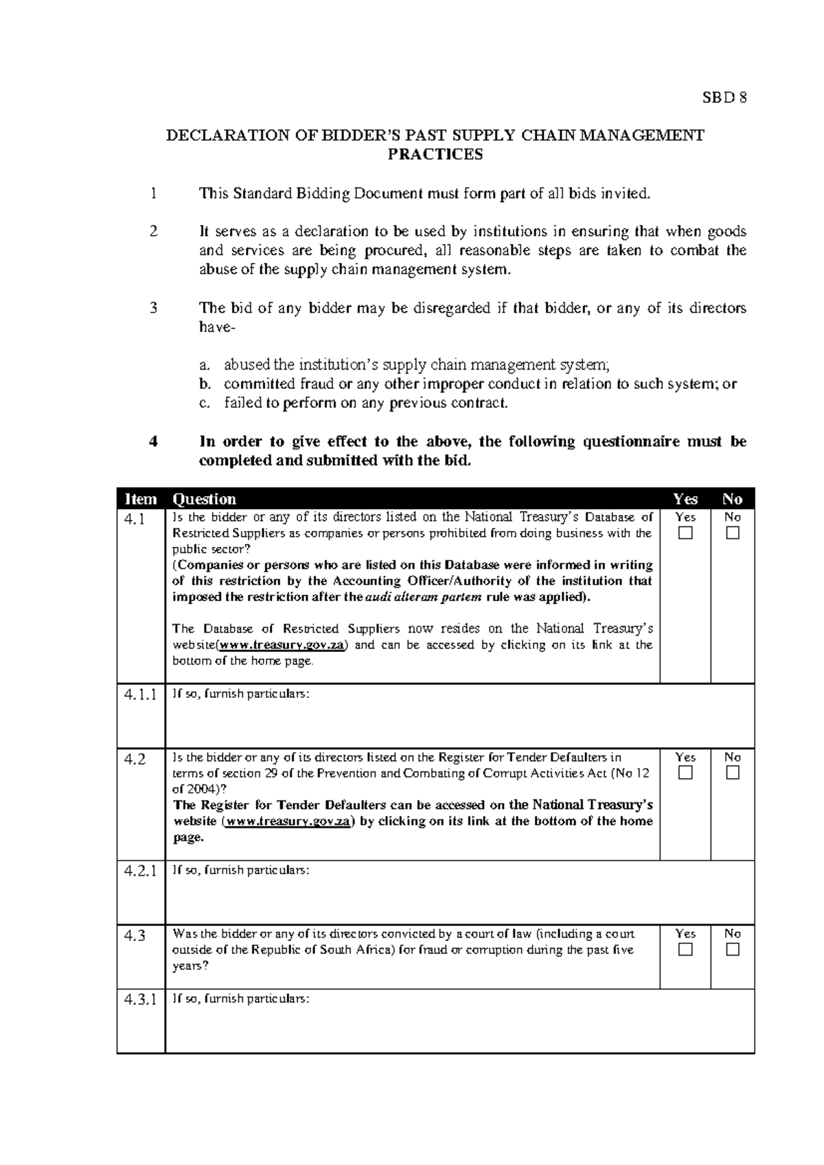 SBD 8: Declaration of Past Supply Chain Management Practices - Studocu