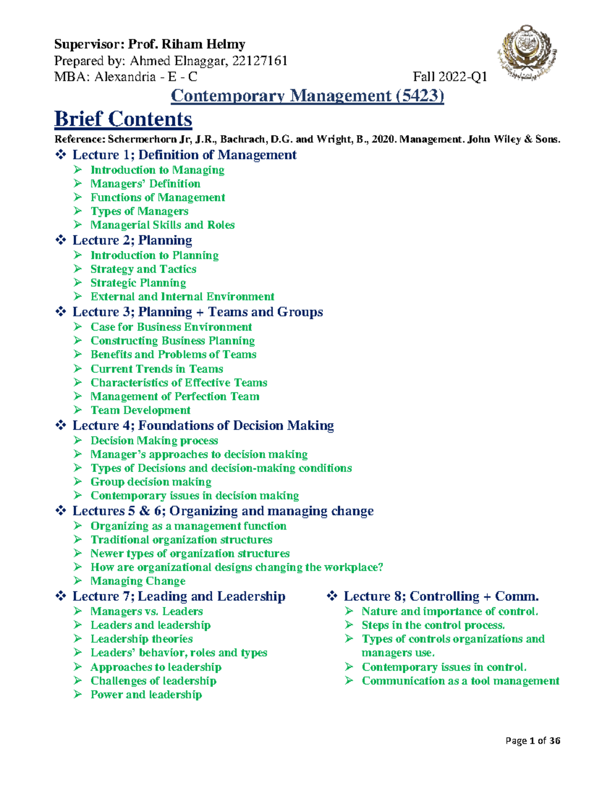 Contemporary Management (5423) Lecture Notes by Ahmed Elnaggar - Studocu