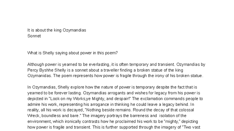 ENG101: Analysis of Power in Shelley's "Ozymandias" Sonnet - Studocu