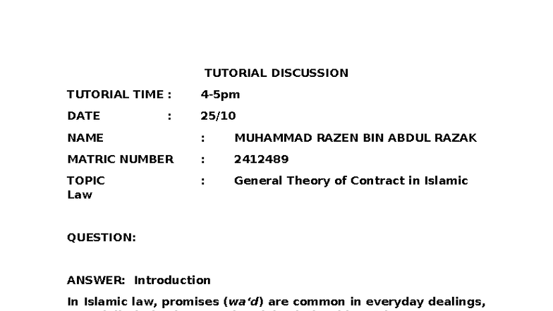 Islamic Law: Enforceability of Promises vs. Contracts (LAW 101) - Studocu