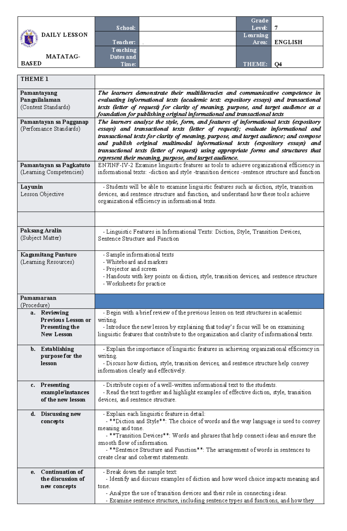 EN7 Lesson Plan: Analyzing Linguistic Features in Informational Texts ...