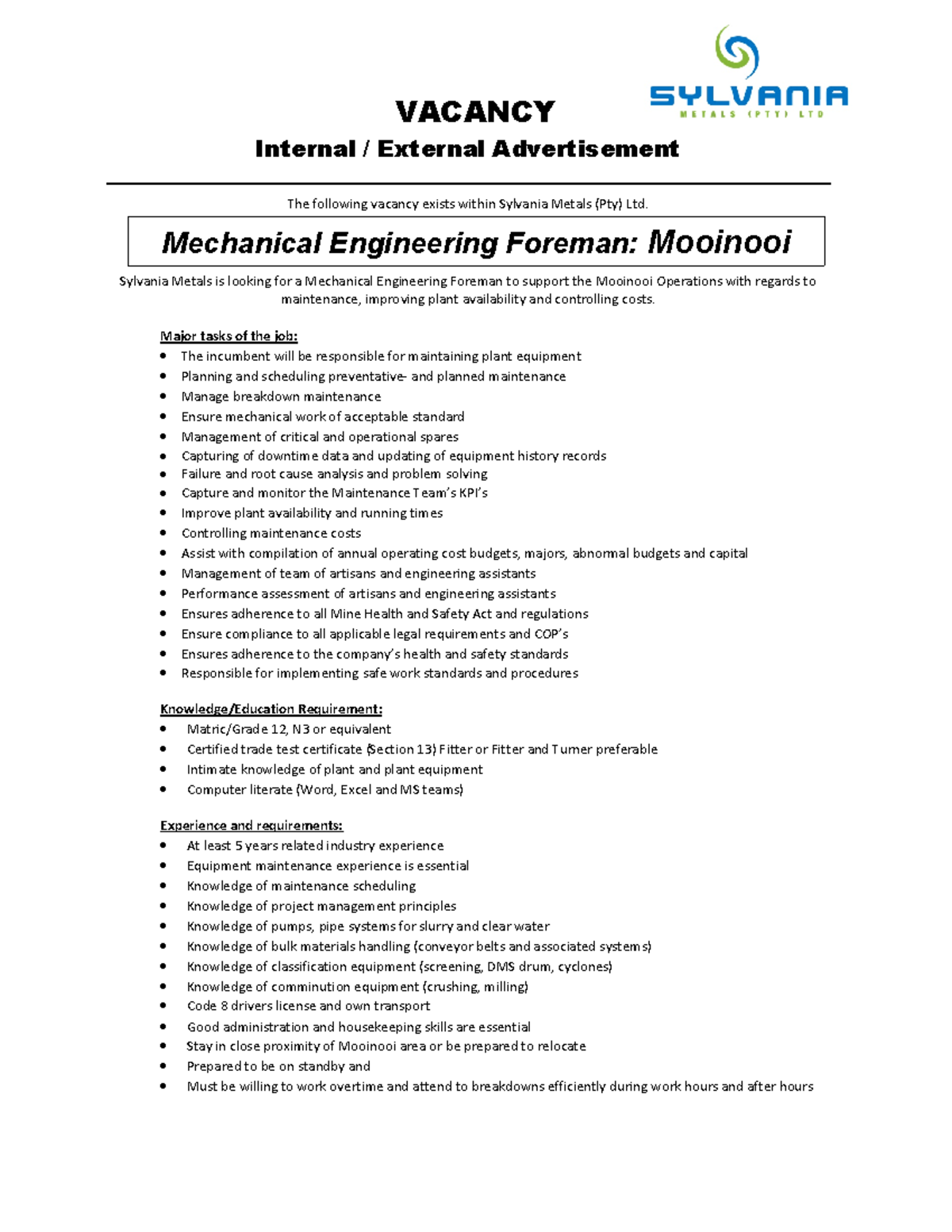 Mechanical Engineering Foreman - Mooinooi Vacancy (Apply by 27/09/2023 ...