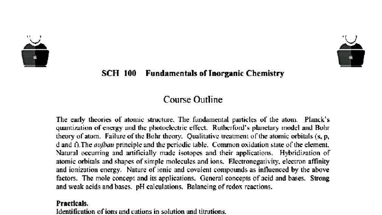 SCH 100 Fundamentals of Inorganic Chemistry Course Outline - Studocu