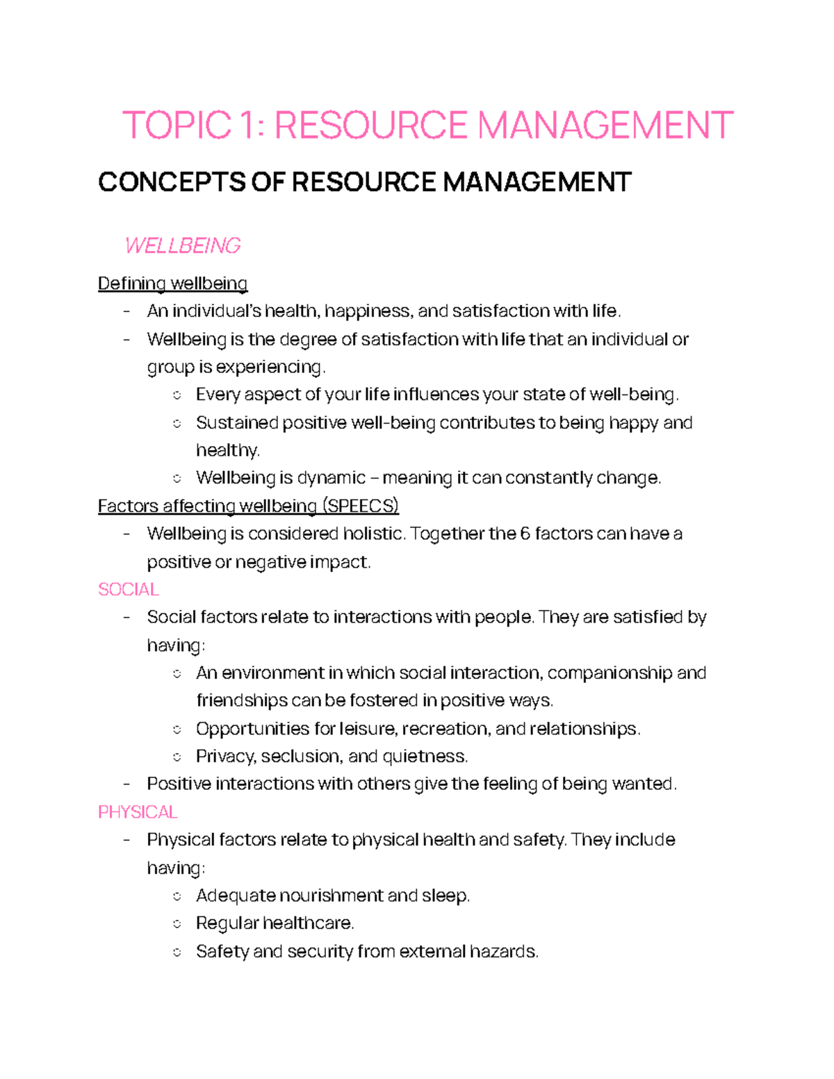 Resource Management Concepts: Wellbeing and Influencing Factors - Studocu
