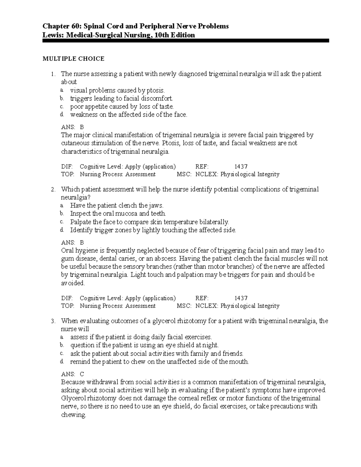 C60 - Chapter 60 Test Bank: Spinal Cord & Nerve Problems Notes - Studocu