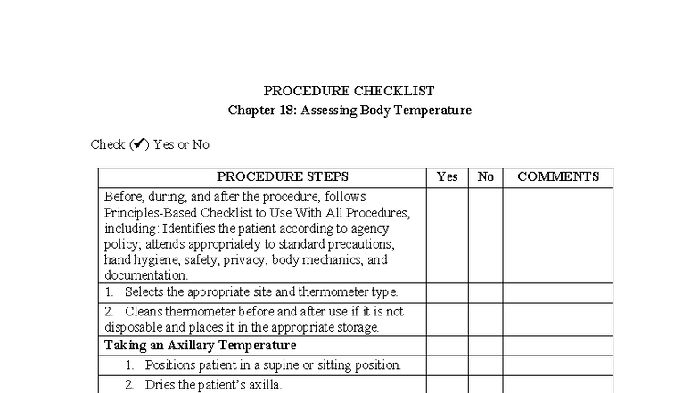18-01 Procedure Checklist: Assessing Body Temperature Steps - Studocu