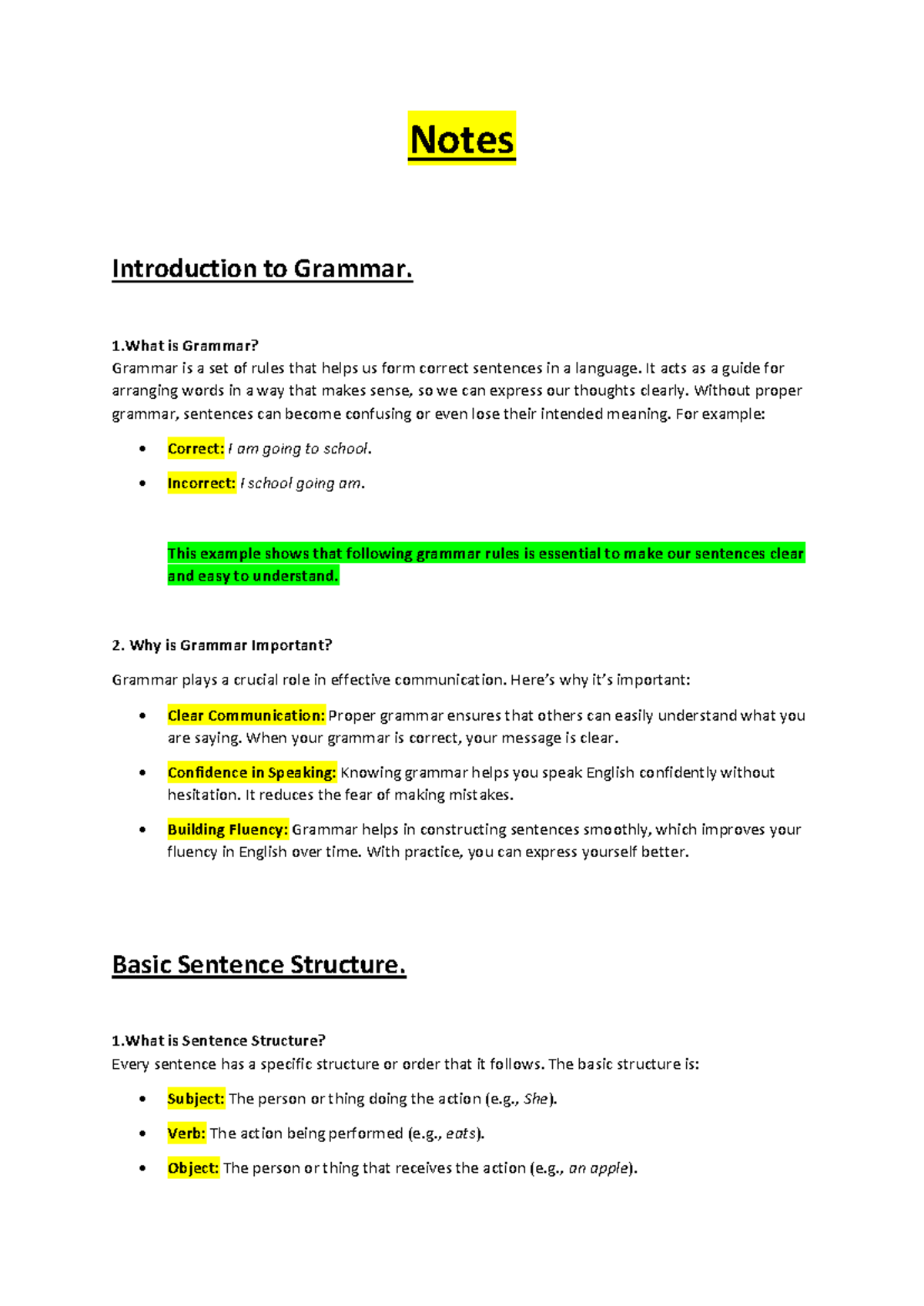 Notes - Introduction to Basic Grammar Rules - Notes Introduction to ...