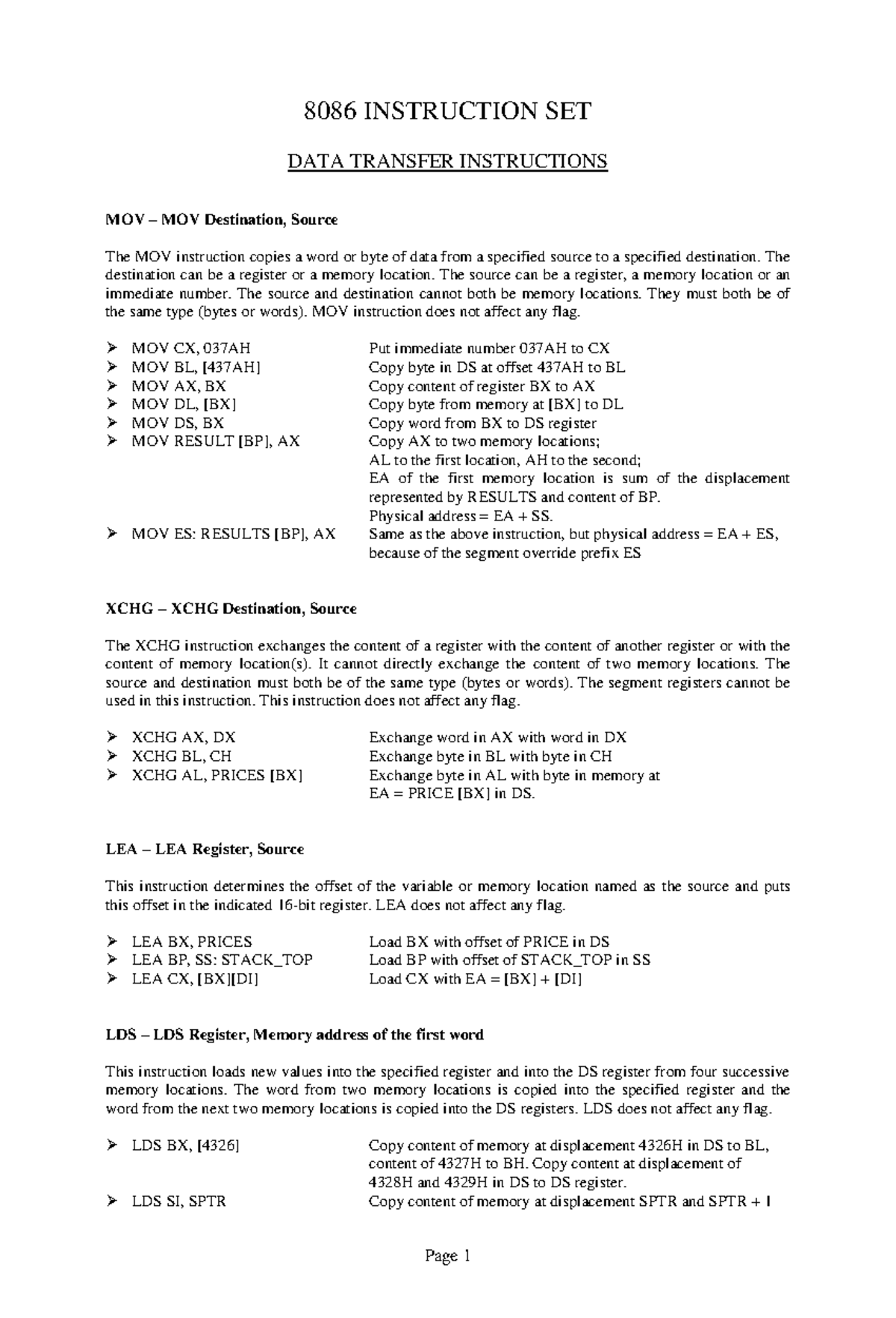 8086 INSTRUCTION SET: DATA TRANSFER & ARITHMETIC INSTRUCTIONS - Studocu
