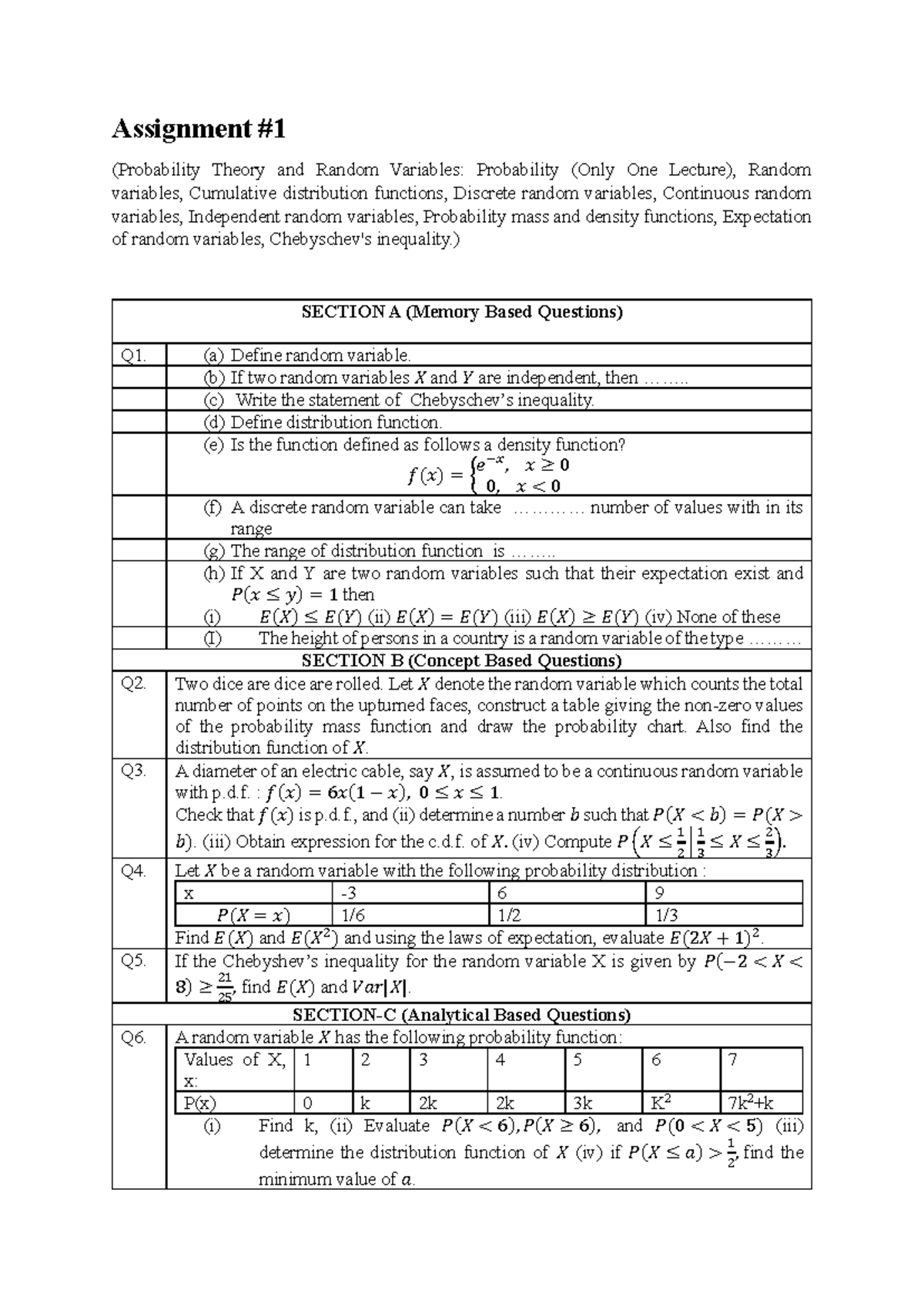 Assignment 1: Probability Theory & Random Variables Overview - Studocu