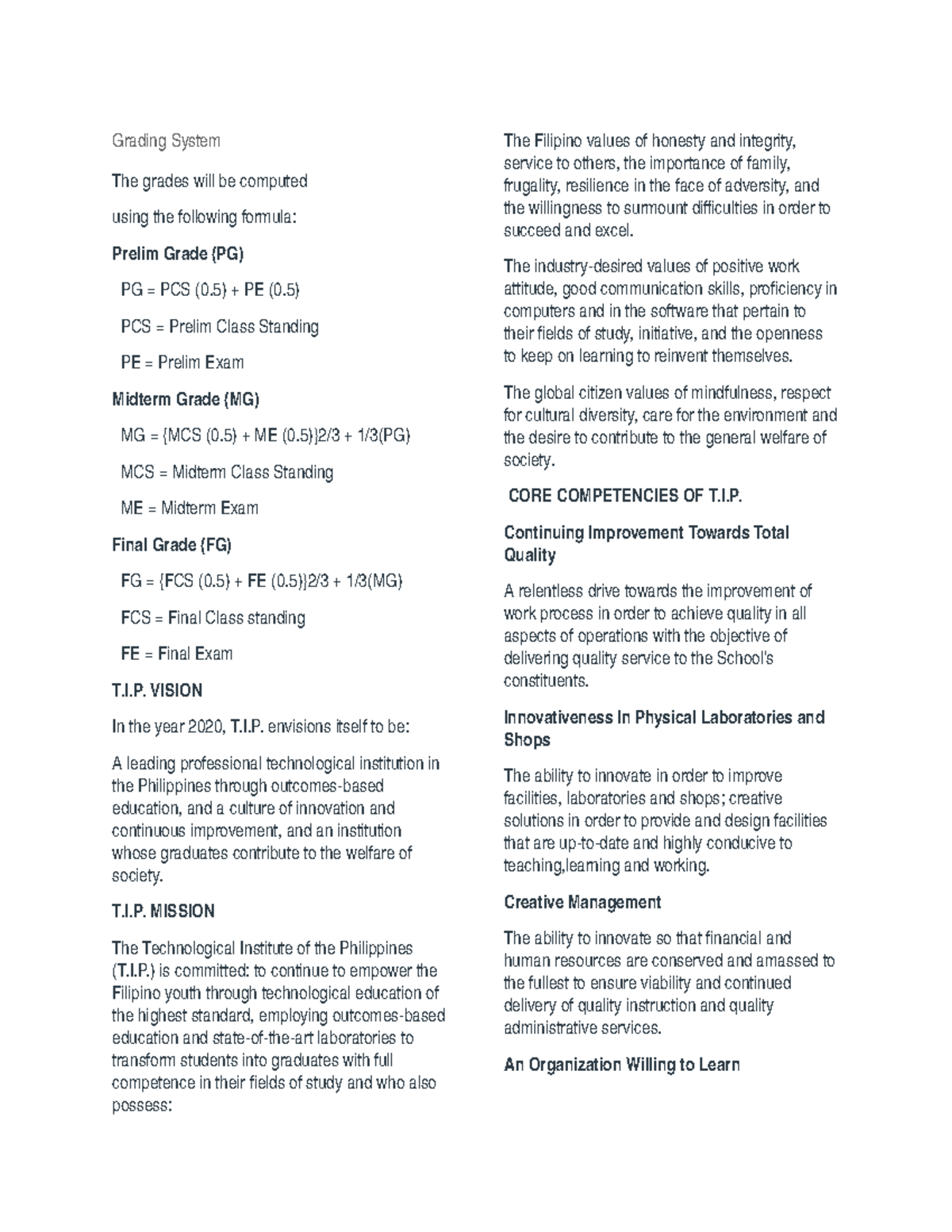 NSTP - Lecture Notes 1: Understanding Grading System and Core Values ...