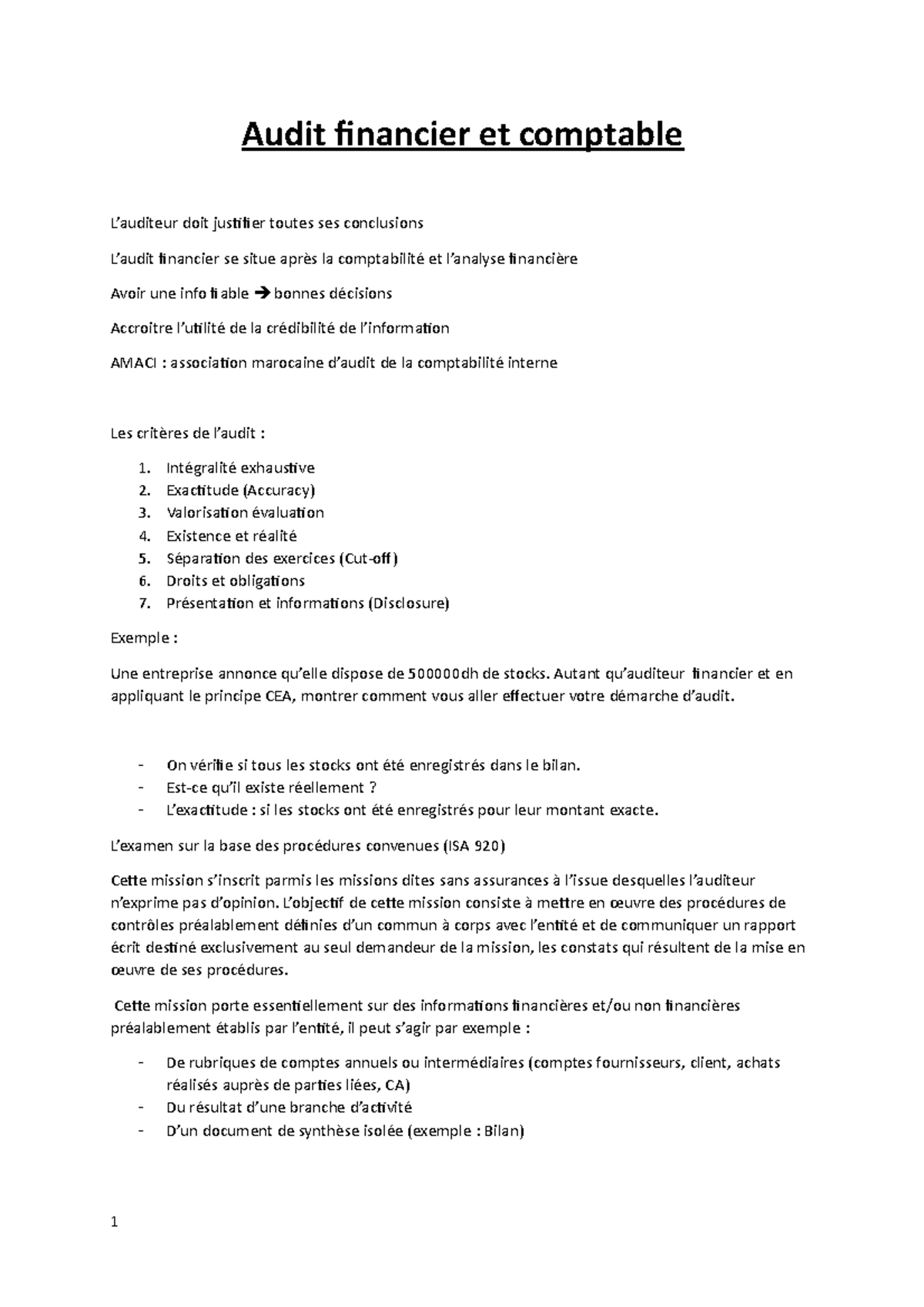 Cas Corrigés d'Audit Financier et Comptable - AMACI Exam évaluation ...