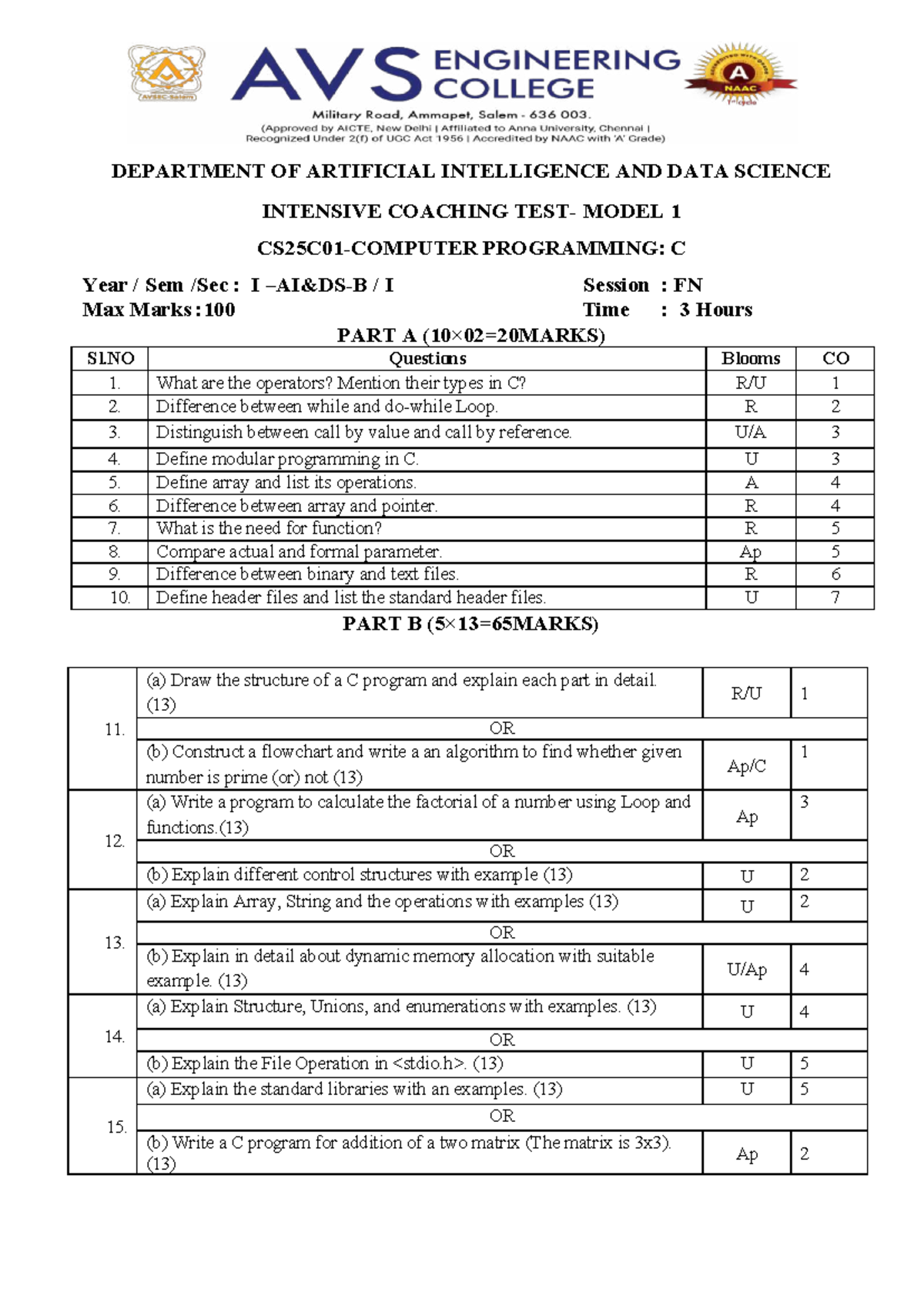 ICT - B Model 1 - Internal Test Questions on C Programming - Studocu
