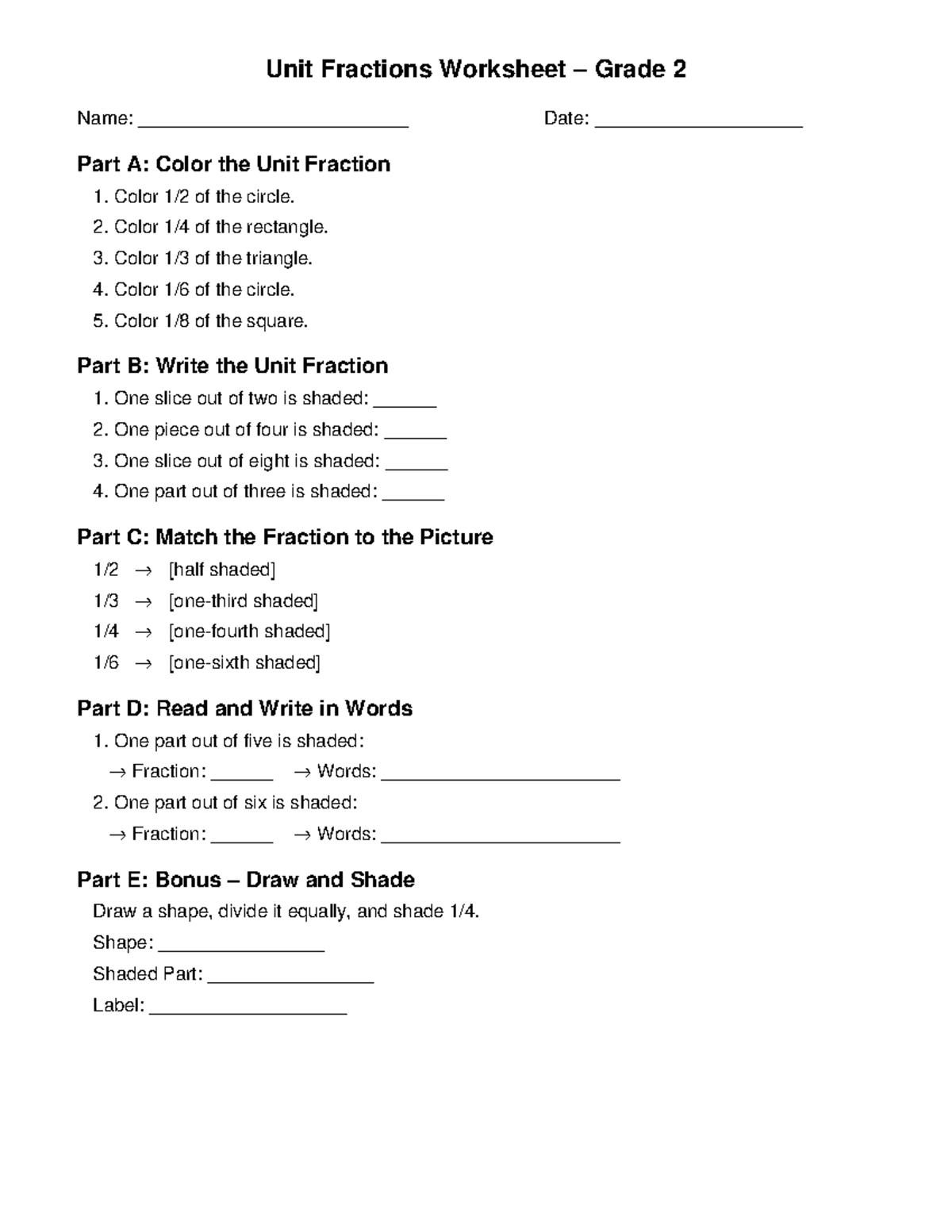 Unit Fractions Worksheet for Grade 2 Students - Studocu
