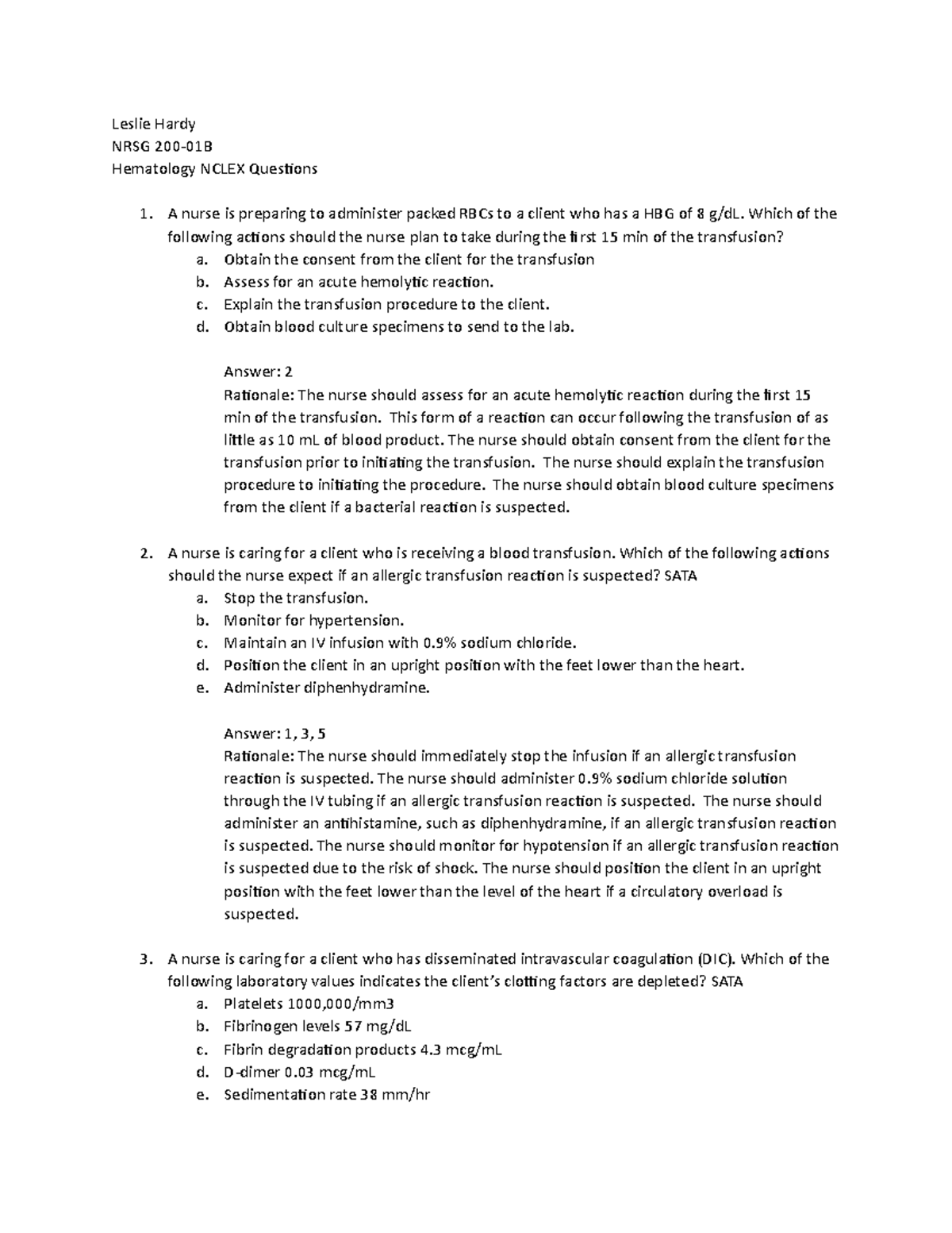 NRSG 200-01B Hematology NCLEX Practice Test Questions - Studocu