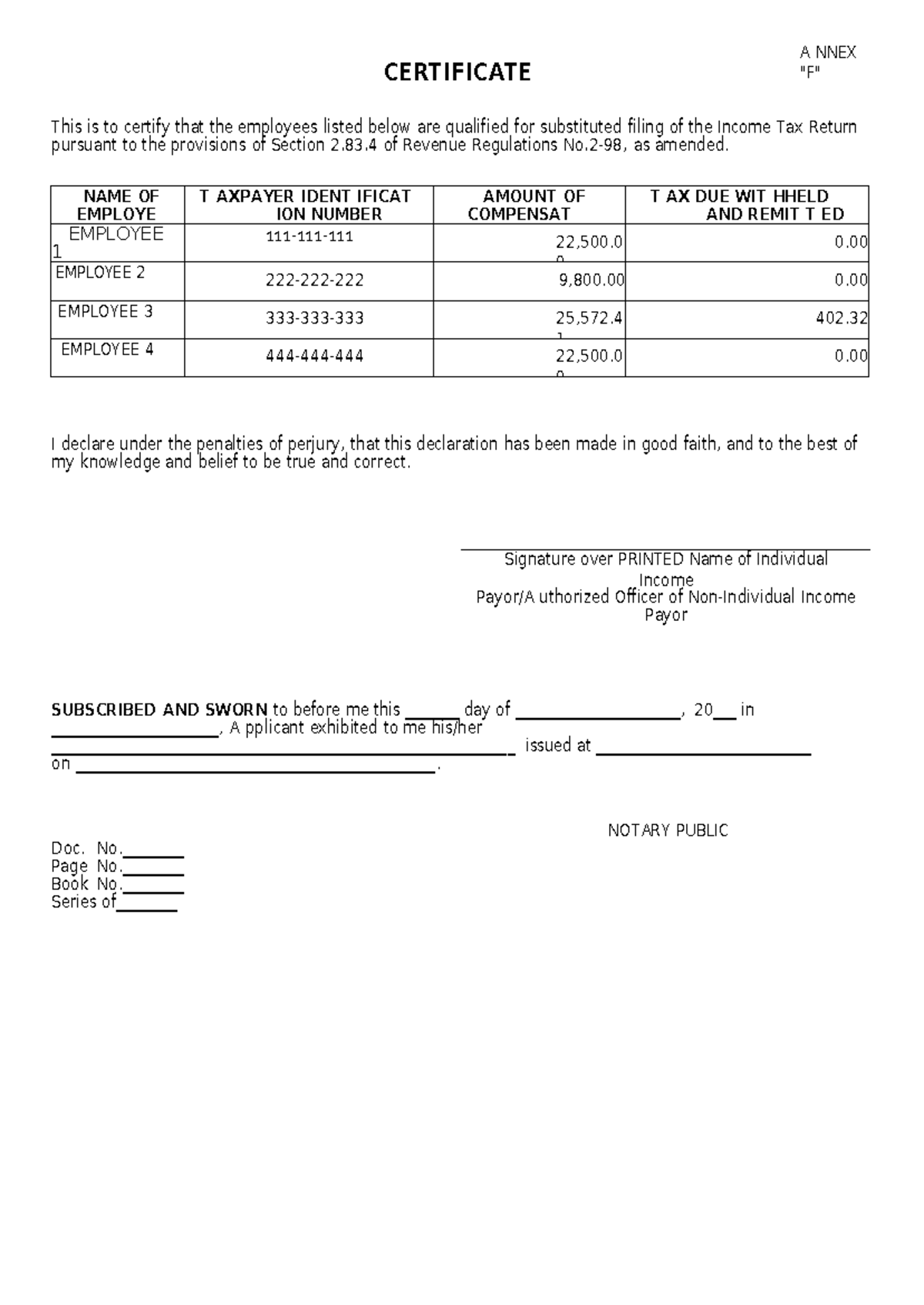 Bir form 2316 substituted filing certicate - CERTIFICATE A NNEX "F ...