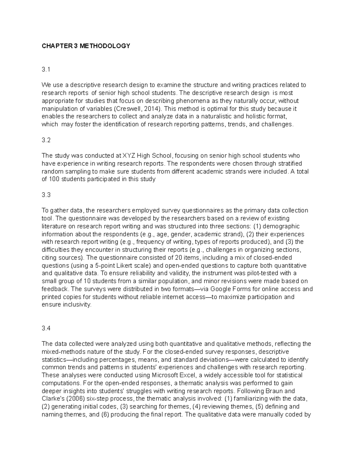 Chapter 3: Methodology in High School Research Report Writing - Studocu