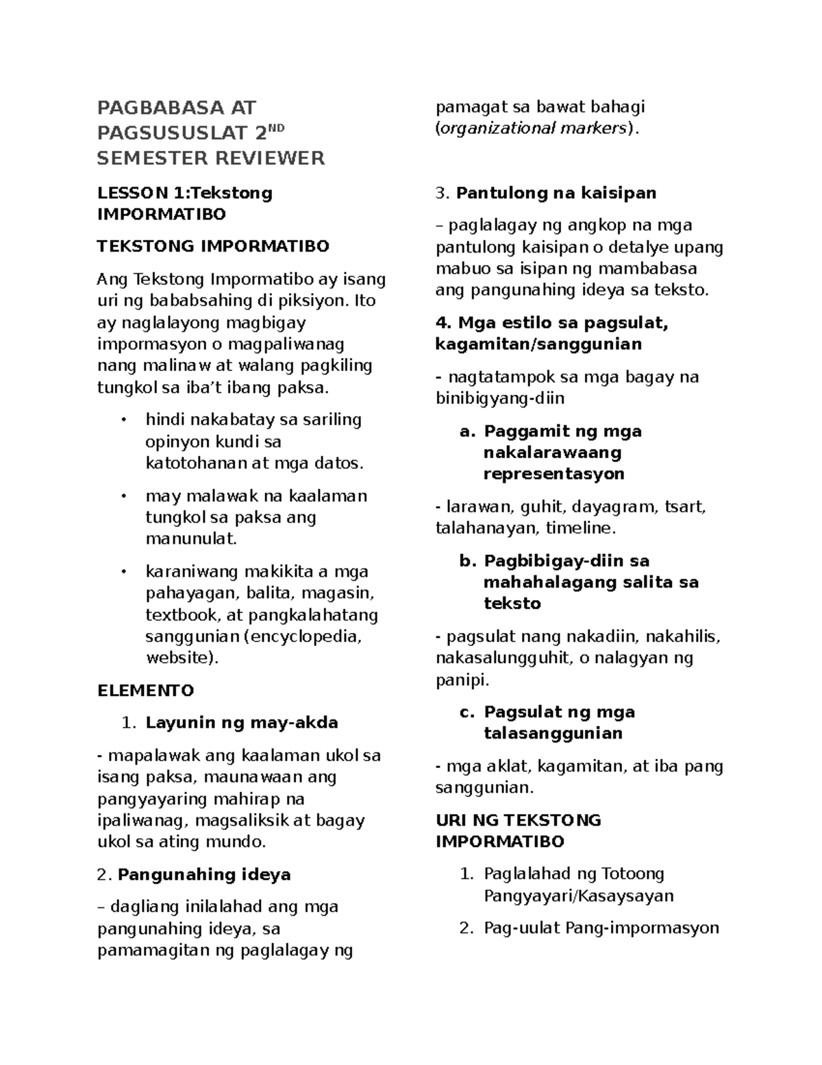PAGBABASA AT PAGSUSULAT 2ND SEMESTER REVIEWER: LESSONS ON TEXT TYPES ...