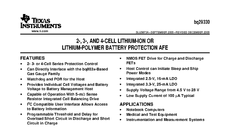 bq29330 SLUS673A Battery Protection AFE Features and Applications - Studocu