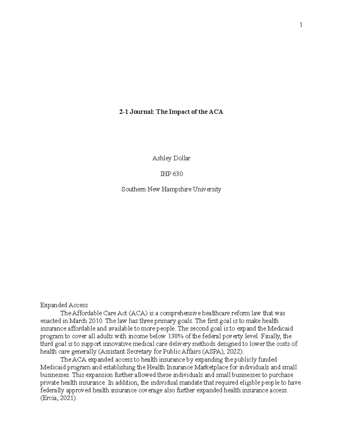 2-1 Journal The Impact of the ACA - 1 2-1 Journal: The Impact of the ...