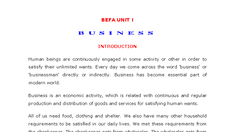 BEFA UNIT I: Introduction to Business Concepts and Structures - Studocu