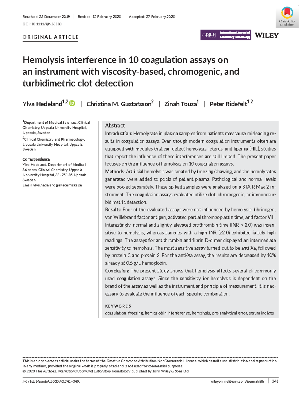 Hemolysis Interference in 10 Coagulation Assays: A Study on STA R Max 2 ...